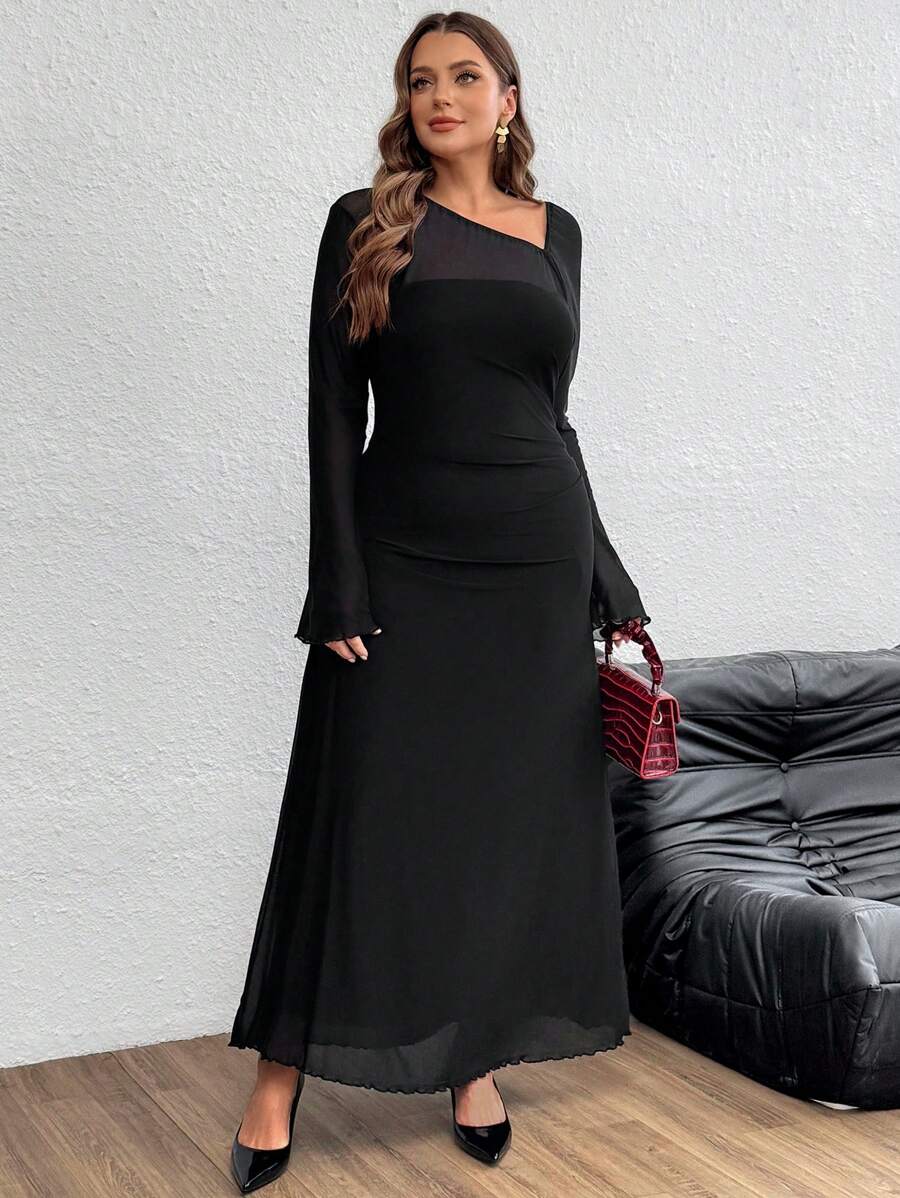 SHEIN Firerie فستان طويل أسود أنيق بقصة غير متماثلة وأكمام عباءة – ميم